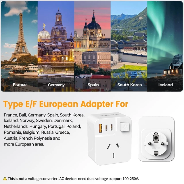 AU TO EU Travel Adaptor, AUS to European Travel Adapter with Flexible ...