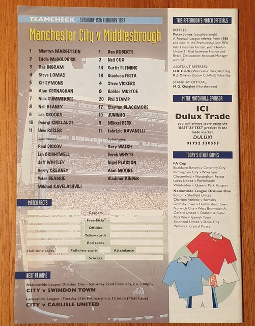 MANCHESTER CITY V MIDDLESBROUGH 15 Feb 97 FA Cup 5th Round FOOTBALL ...