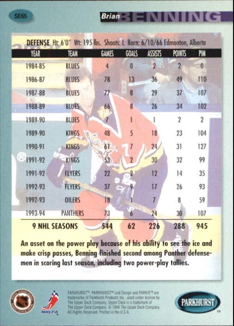 CARTE DE HOCKEY 1994-95 Parkhurst SE Panthers #SE65 Brian Benning EUR 2,20 - PicClick FR
