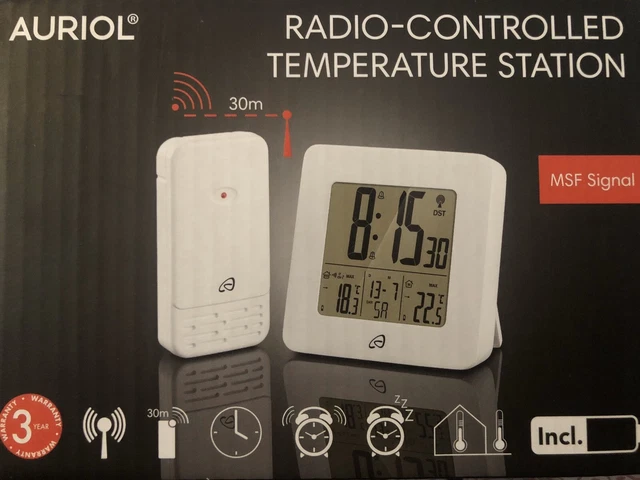 AURIOL RADIO-CONTROLLED TEMPERATURE Station, 30m Range, White. MSF ...