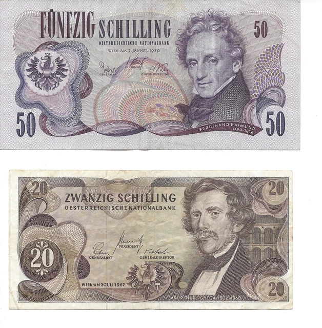 GELDSCHEIN BANKNOTE 20 + 50 Schilling Österreich, Austria EUR 9,49 ...