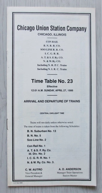 VINTAGE 1986 CHICAGO Union Station Company Timetable No. 23 Conrail Soo ...