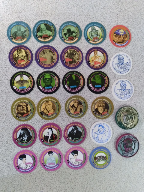 29 POGS UNIVERSAL Studios Monsters 1994 24 different Pogs 3 Glow & 2 ...