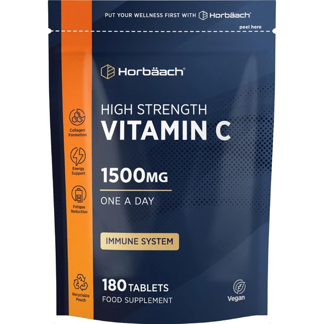 VITAMIN C TABLETS 1500mg 180 Count High Strength Ascorbic Acid Suitable ...
