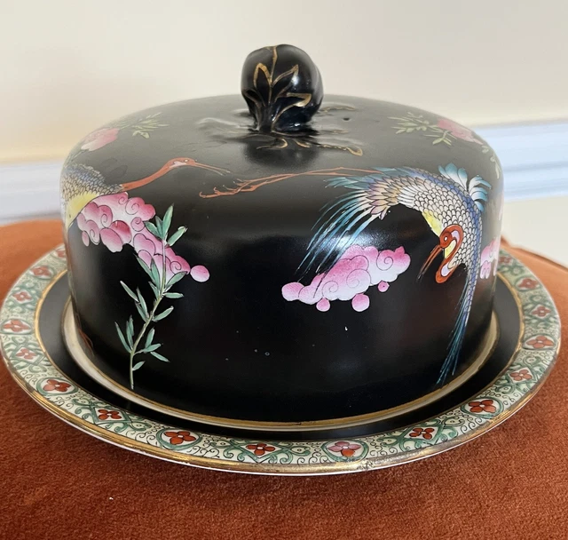 RARE VINTAGE MALING Cetem Ware Black with Oriental Birds cheese Dish ...