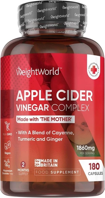 WEIGHTWORLD APPLE CIDER Vinegar Complex 180 Vegan Capsules Turmeric ...