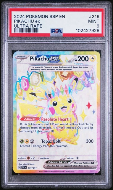 PIKACHU EX 2024 Pokemon Surging Sparks EN Ultra Rare #219/191 PSA 9 ...