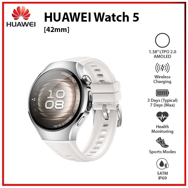 (NEW) HUAWEI WATCH 5 42mm WHITE 1.38" AMOLED Bluetooth iOS Android ...