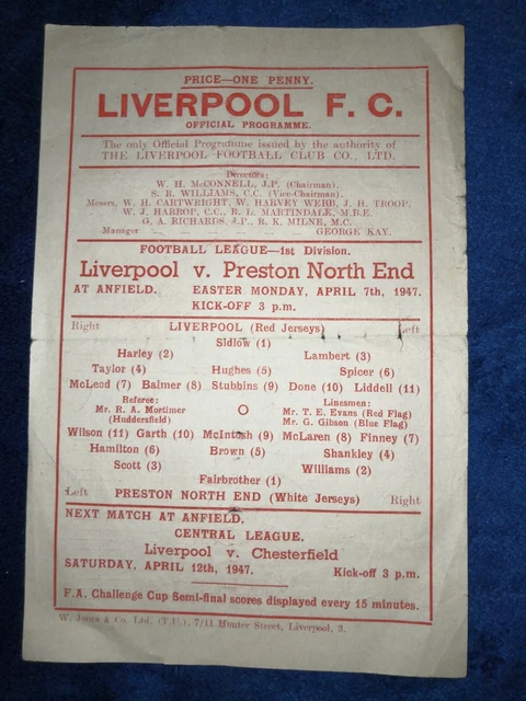 LIVERPOOL V PRESTON 7 April 1947 Programme £100.00 - PicClick UK