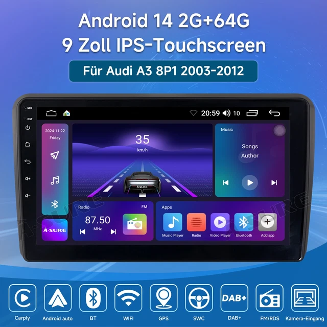 DAB+ ANDROID 14 Autoradio Carplay Kam DSP RDS FM BT GPS für AUDI A3 S3 ...