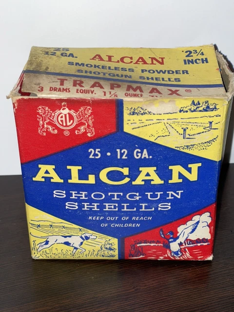 VINTAGE ALCAN 25 12 GA. Shotgun Shells Box USA Dog Duck EMPTY Fair ...