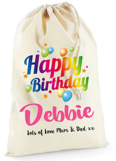 PERSONALISED HAPPY BIRTHDAY Cotton Canvas Drawstring Gift Bag Girl Boy ...