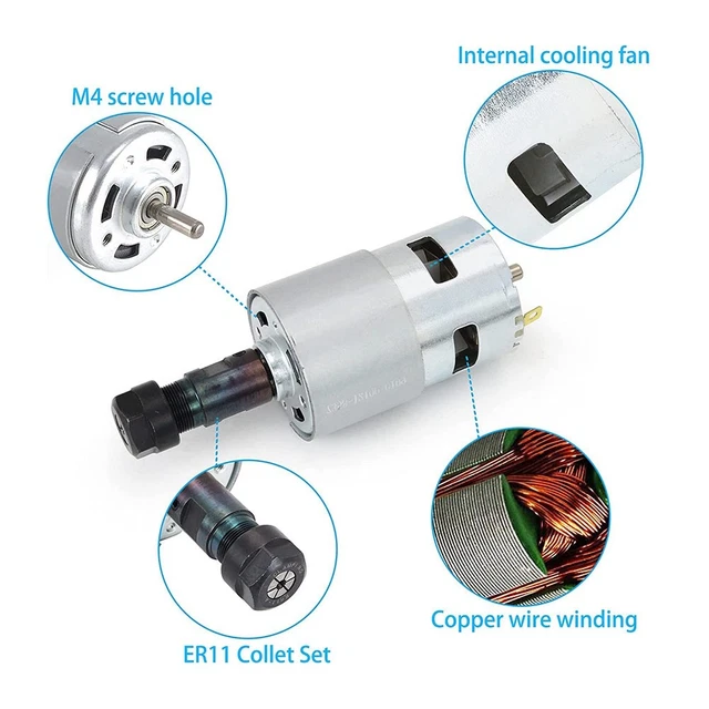 DC MOTOR CNC 775 Spindle Motor 100W 12-24VDC 10000RMP + ER11 Collet for ...