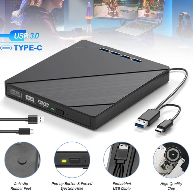 USB EXTERNAL DVD CD Hard Disc Burner Player Reader Optical Drive for PC ...