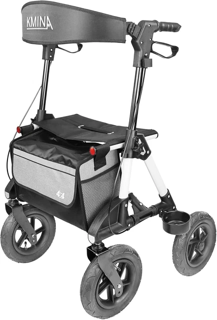 KMINA PRO - All Terrain Rollator Walker with Seat, Large 4 Wheeled ...