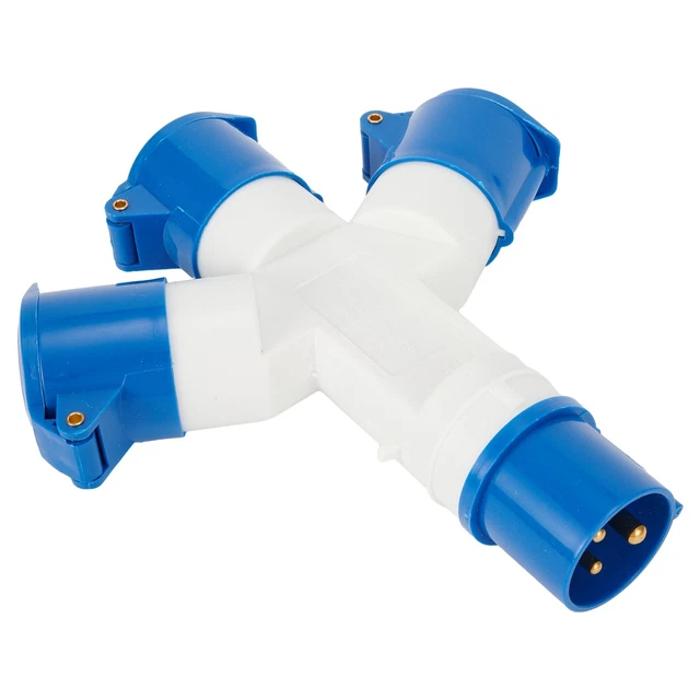 3 WAY SPLITTER 240V 16A 3Pin Blue Industrial Plug Sockets Adaptor IP44 ...