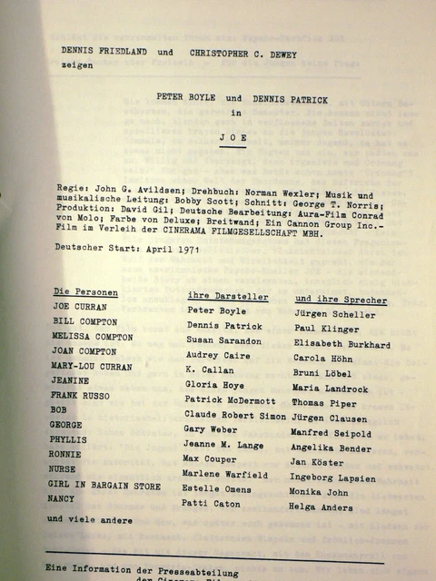 JOE - SUSAN Sarandon - Peter Boyle - Presseheft (209) £10.11 - PicClick UK