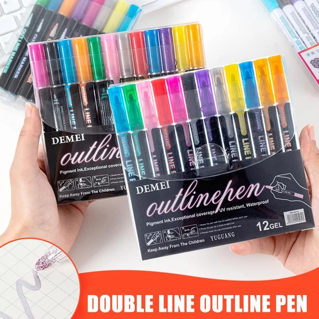 DOUBLE LINE OUTLINE Pens, 12 Colors Self-Outline Markers Glitter B6B7 £ ...