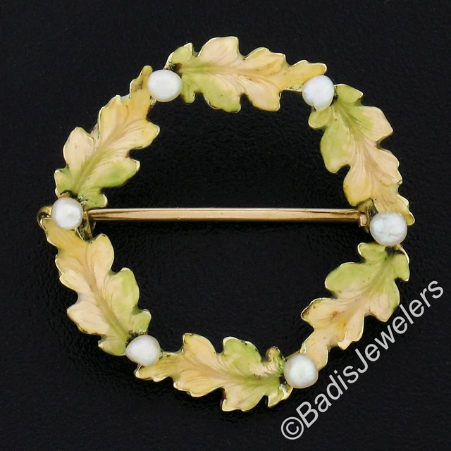 ANCIEN ART NOUVEAU 14K Or Mat Émail Graine Perle & Feuille Couronne ...
