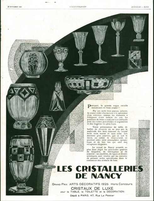 PUBLICITÉ ANCIENNE LES cristalleries de Nancy 1929 issue de magazine ...