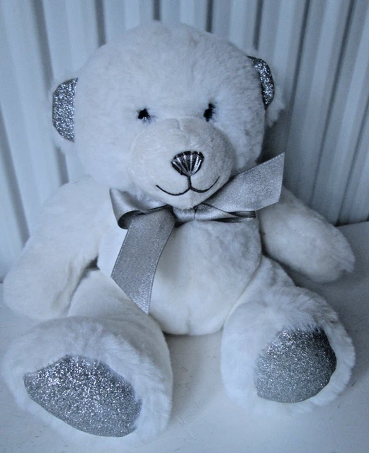 MILLI-MOO WHITE TEDDY bear with silver glitter paws. Very soft plush. £ ...