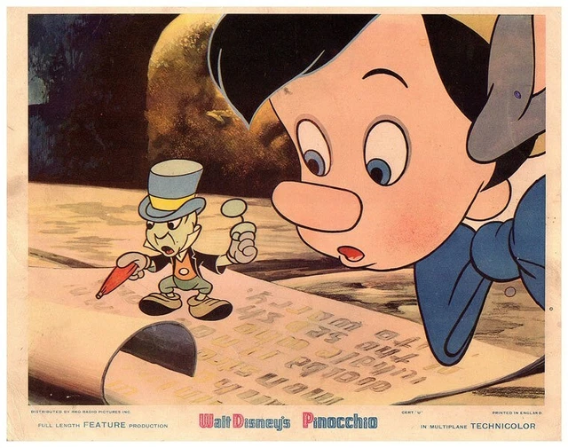 PINOCCHIO WALT DISNEY Animation 1940 Original Lobby Card Jiminy Cricket ...