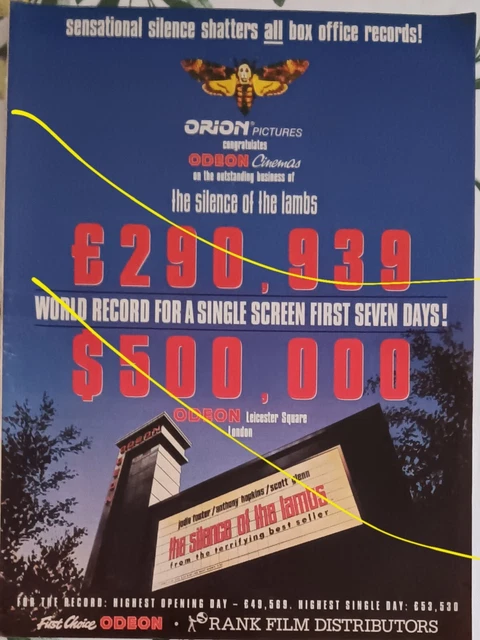 LARGE BOX OFFICE report advert Silence of the Lambs for Odeon ...