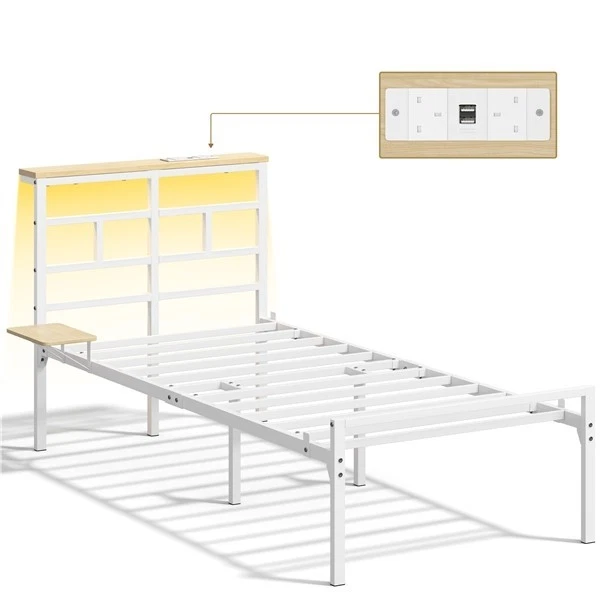 SINGLE METAL PLATFORM Bed Frame with Shelf, LED Headboard & Charging ...