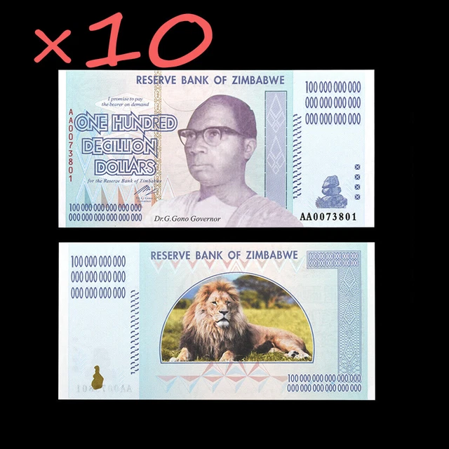 10 PIEZAS ZIMBABUE Billetes Papel Moneda Número De Serie 100 DECILLION ...