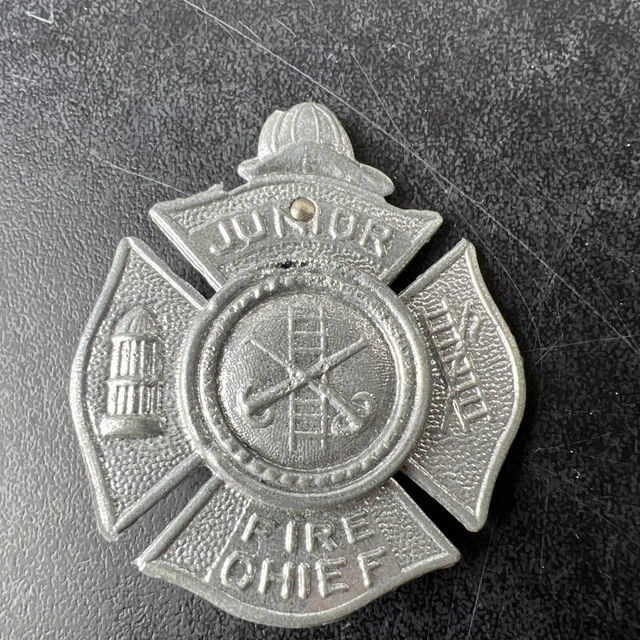 VINTAGE FIREFIGHTER BADGE Toy Metal Pin Junior Fire Chief w/ Ladder, Ax ...