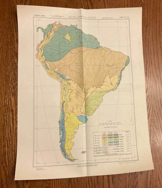 WW2 ERA 1944 Map Of South America. A.M.S. Climate Zones In Aug, First ...
