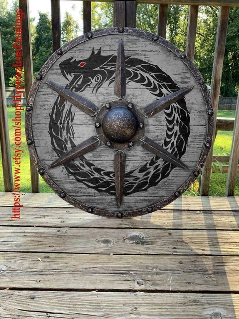 MEDIEVAL GREY OUROBOROS Battleworn Viking Shield Medieval Greek Round ...