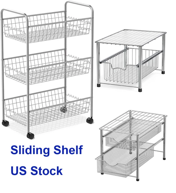 KITCHEN ORGANIZER RACK Sliding Mess/Wire Basket Kithcen Cart Countertop ...