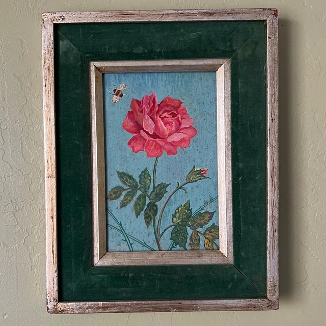 VINTAGE FRAMED ROSE Painting on Board, Charming Floral Wall Art, paint ...