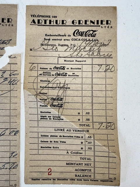 ARTHUR GRENIER, LTÉE. Coca-Cola St-George-Bce P.Q. Bill Facture $10.00 ...