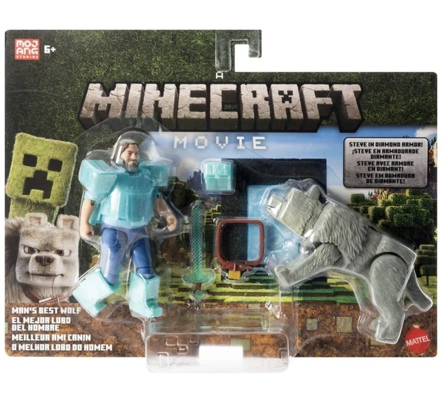 MINECRAFT MOVIE STEVE IN DIAMOND Armour and Dennis the Wolf Action ...