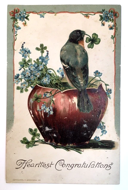 VINTAGE PC HEARTIEST Congratulations Bird Holding 4 Leaf Clover on ...