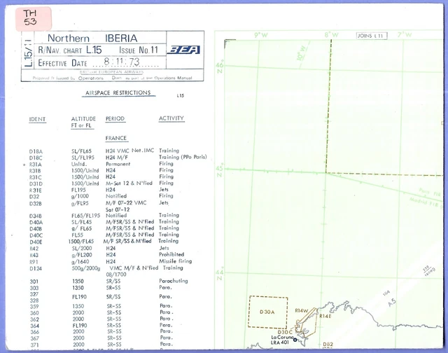 VINTAGE BEA BRITISH European Airways Flight Chart Map Northern Iberia ...