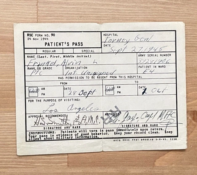 VINTAGE WWII 1945 Torney General Hospital Patients Pass Military ...