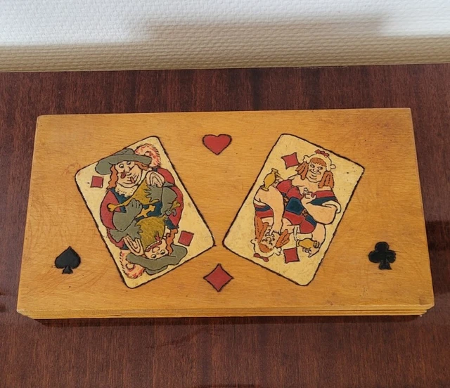VINTAGE TRÈS BELLE Boite en Bois Coffret Jeu de Cartes à Jouer Original ...