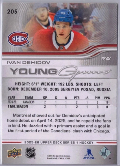 IVAN DEMIDOV 25/26 2025 2026 Upper Deck UD Young Guns Rookie Card #205 ...