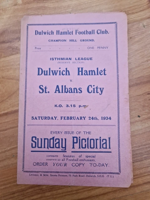 VINTAGE PREWAR DULWICH Hamlet V St Albans City 1934 Isthmian League ...