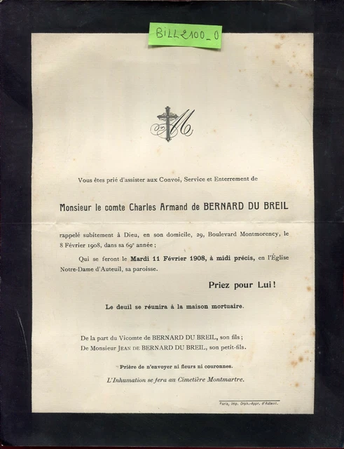 FAIRE-PART DE DÉCÈS Mr. le Comte Charles Armand de Bernard Du Breil. Paris 1908 EUR 10,90 ...