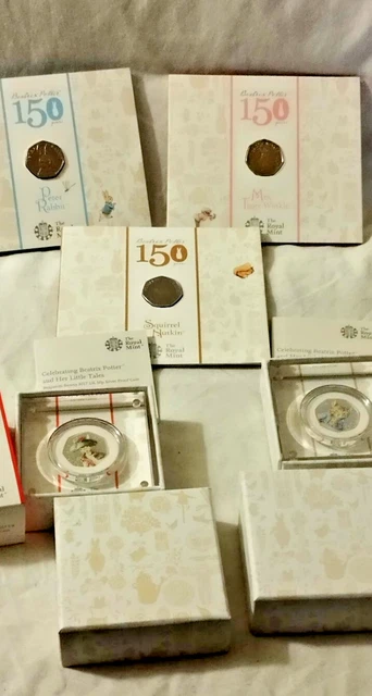 BEATRIX POTTER, ROYAL Mint UK Silver Proof 50p Coin x 2 + 3 x BUNC 50p ...