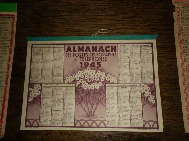 CALENDRIER PTT 1945 petit format , pénurie de papier ; 2 feuilles EUR ...