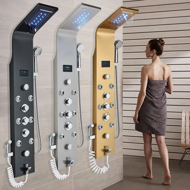 LED SHOWER PANEL Tower Column Stainless steel Shower Mixer Twin Head ...