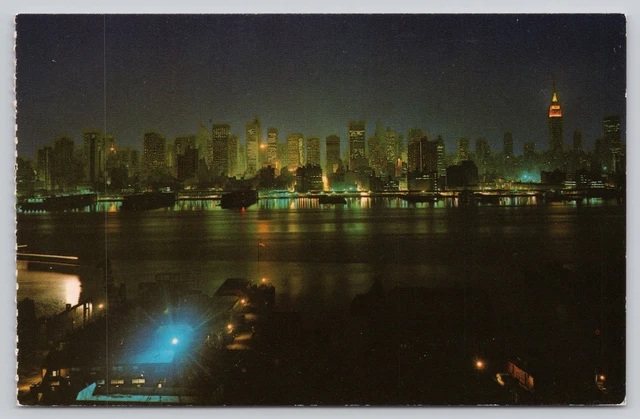 NYC SKYLINE NIGHT View Empire State Building Hudson River Postcard £4. ...