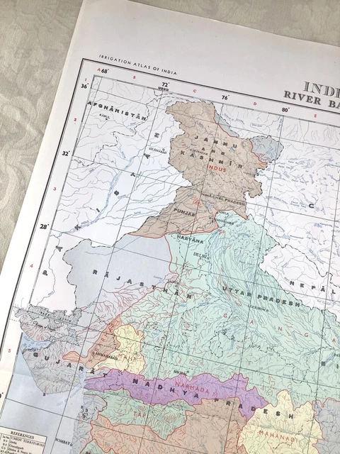 1972 LARGE VINTAGE Map of India Indian River Basins Ganges Indus ...