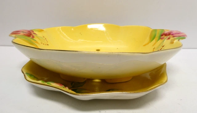 VINTAGE ROYAL WINTON Yellow Floral Fruit Strainer Dish And Under Plate ...