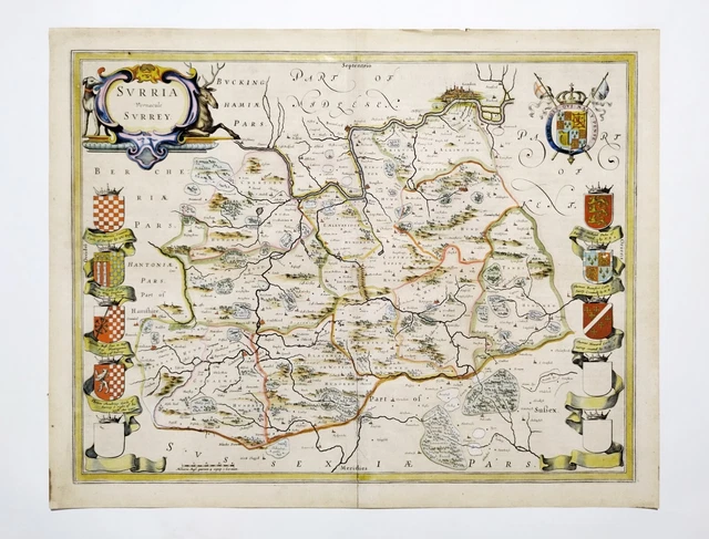SURRIA VERNACULE SURREY original antique county map Willem Jan Blaeu ...